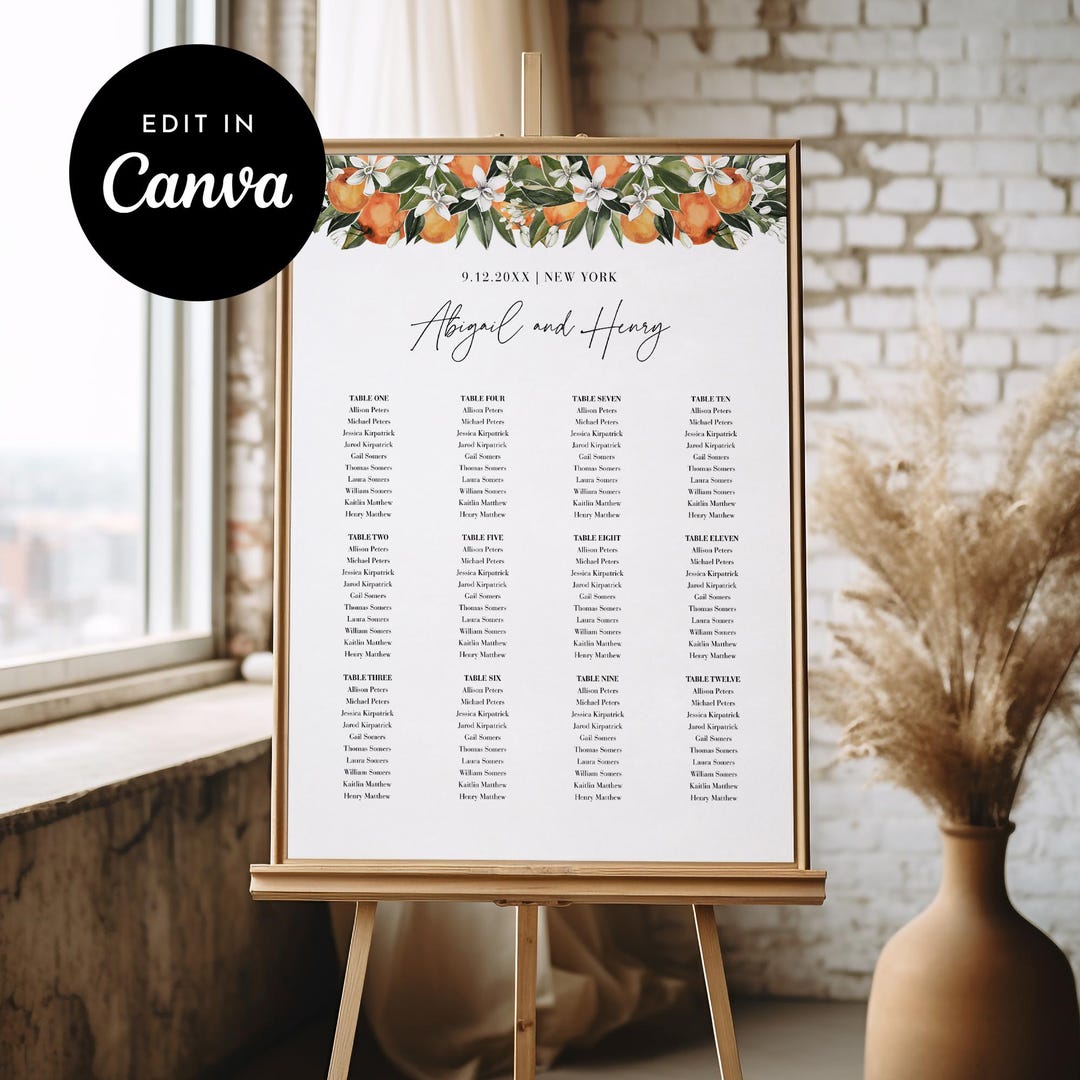Orange Seating Chart Poster Template, Citrus Wedding Seating Plan ...