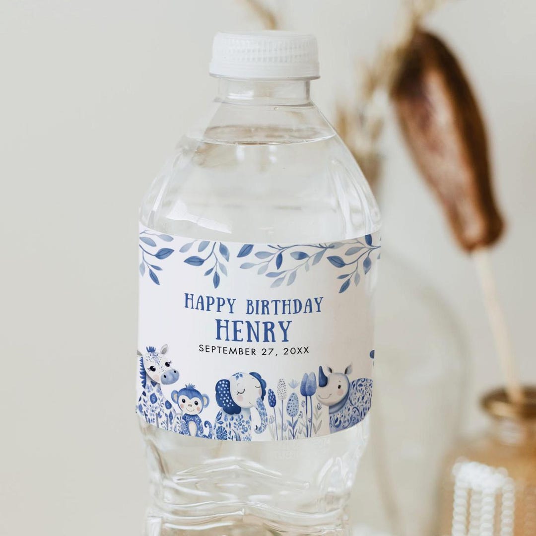 Safari Animals Toile Water Bottle Label Template, Blue Toile Baby ...
