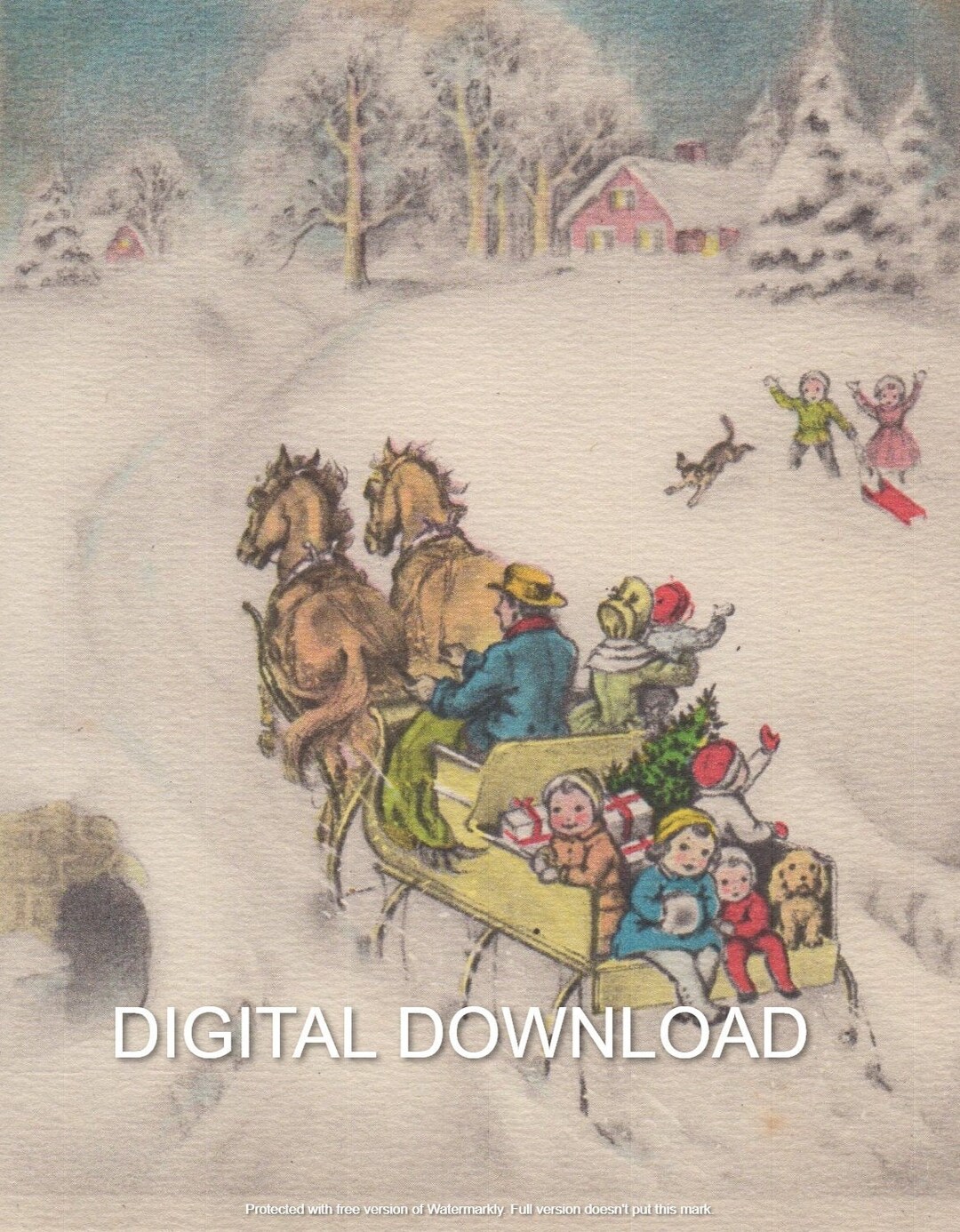 Vintage Christmas Card Sleigh Ride Children Family Village Home House ...