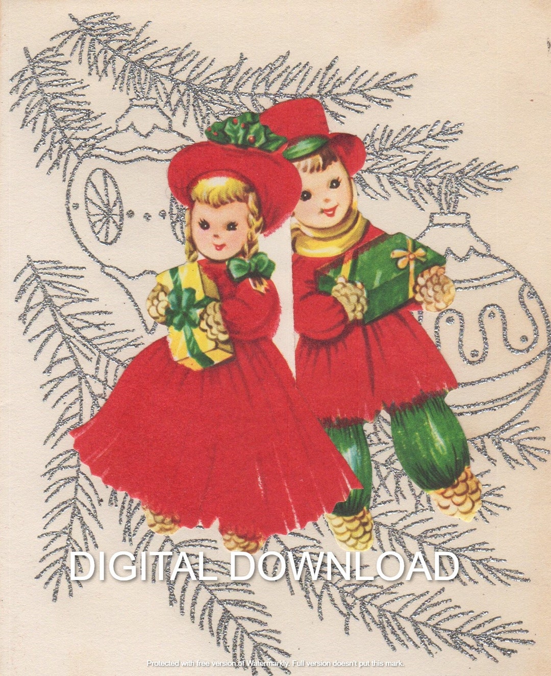 Vintage Christmas Card Boy and Girl Carolers Children Digital - Etsy