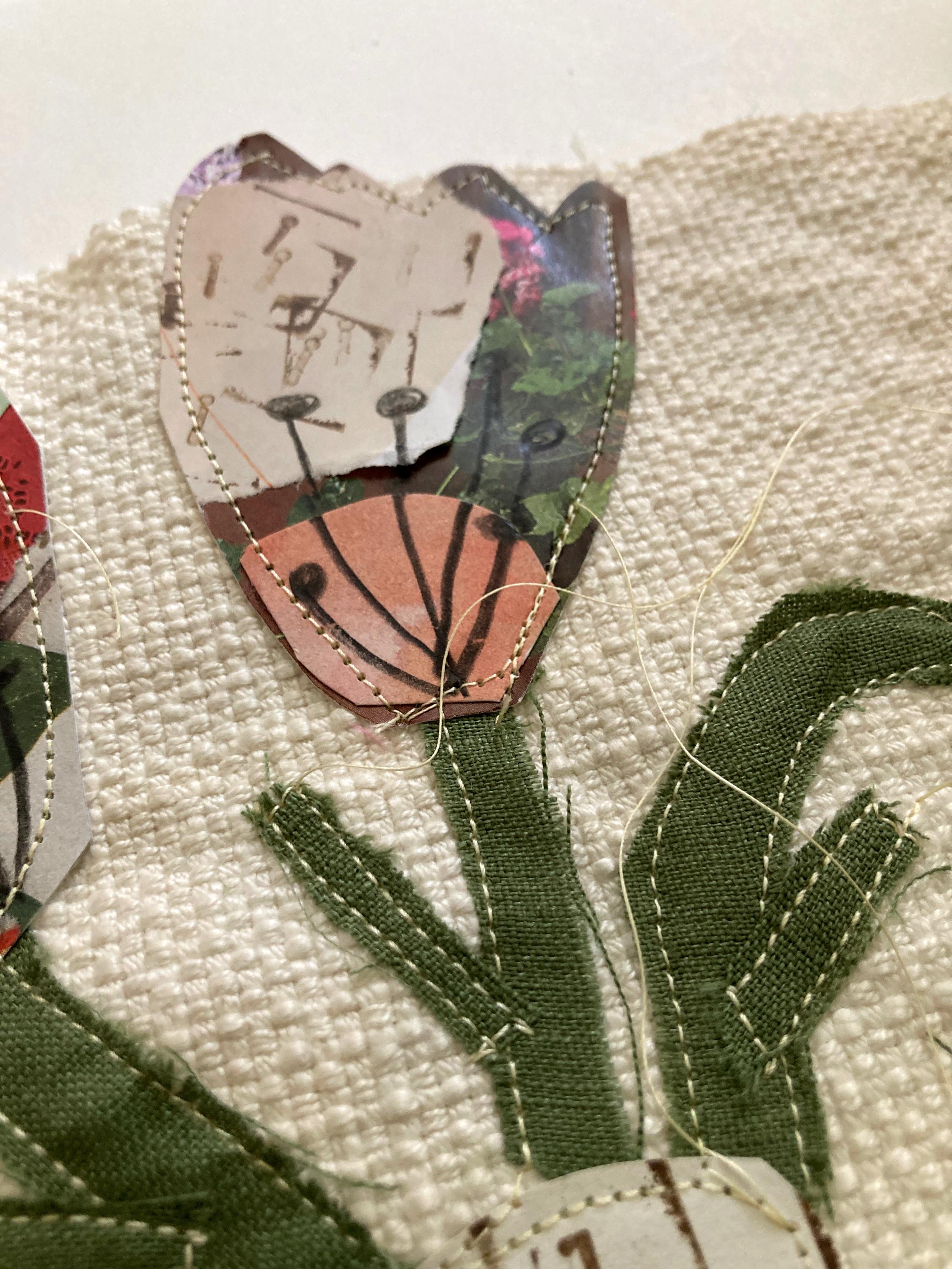 Textile Wall Art Botanical Fabric + Paper Collage Framed Tulip Floral ...