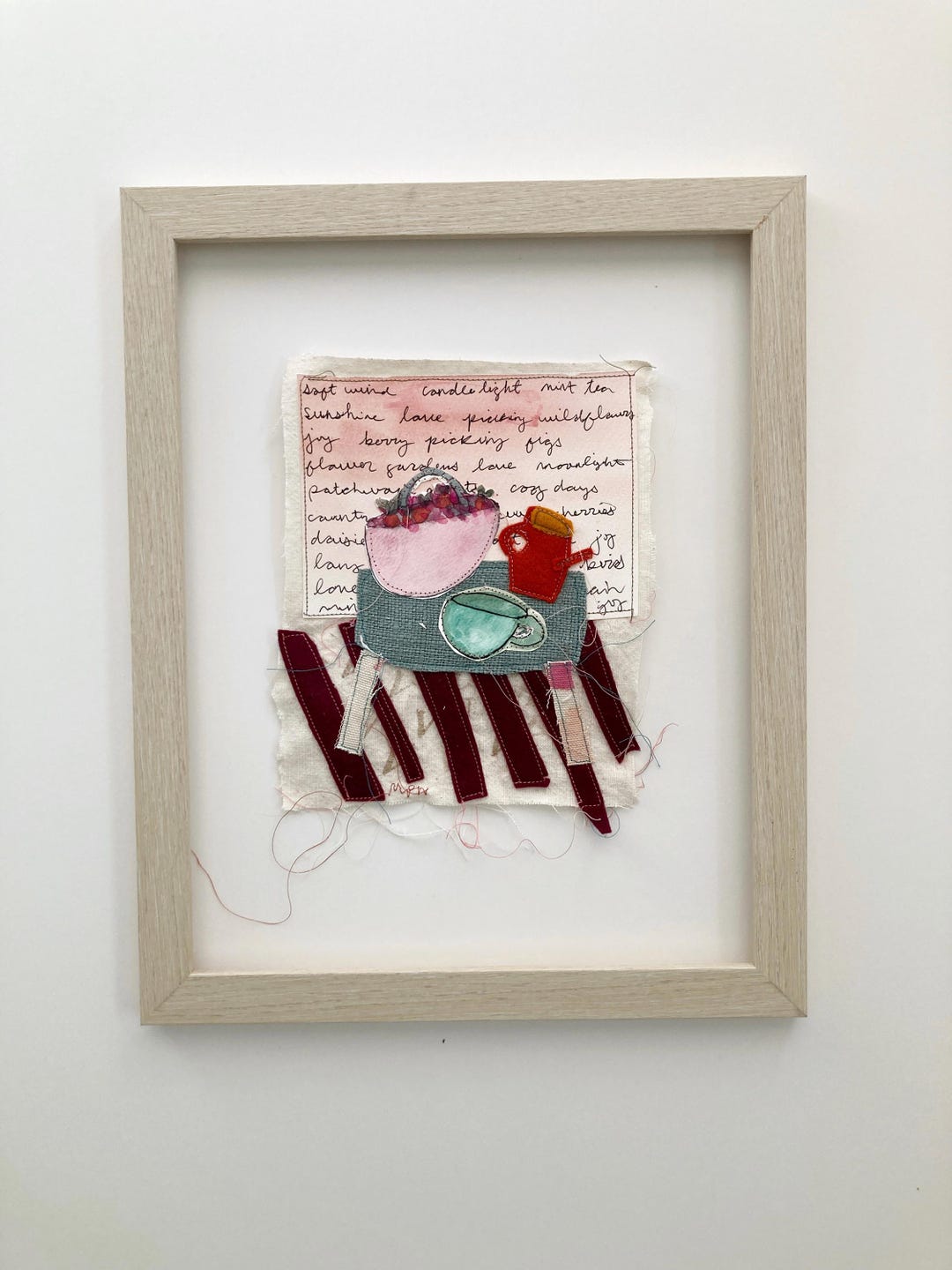 Handmade Textile Wall Art Collage Fabric + Paper Mixed Media Framed 8 X ...