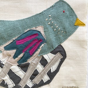 Framed Textile Art Bird Fabric Bird Art Folk Art Bird in Nest Nature ...