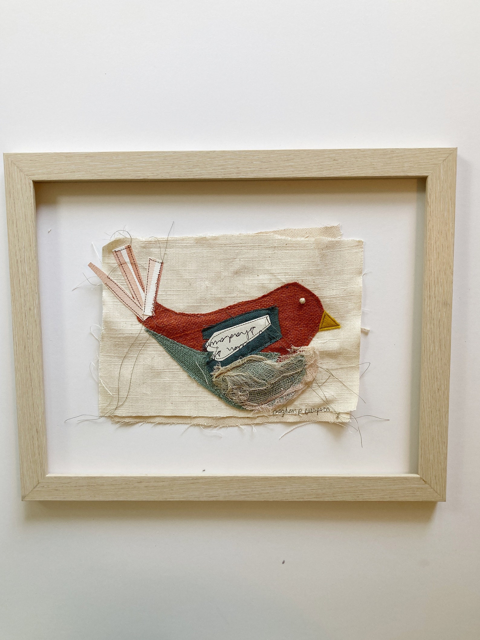 Bird Textile Art Whimsical Mixed Media Fabric Collage Framed Embroidery ...
