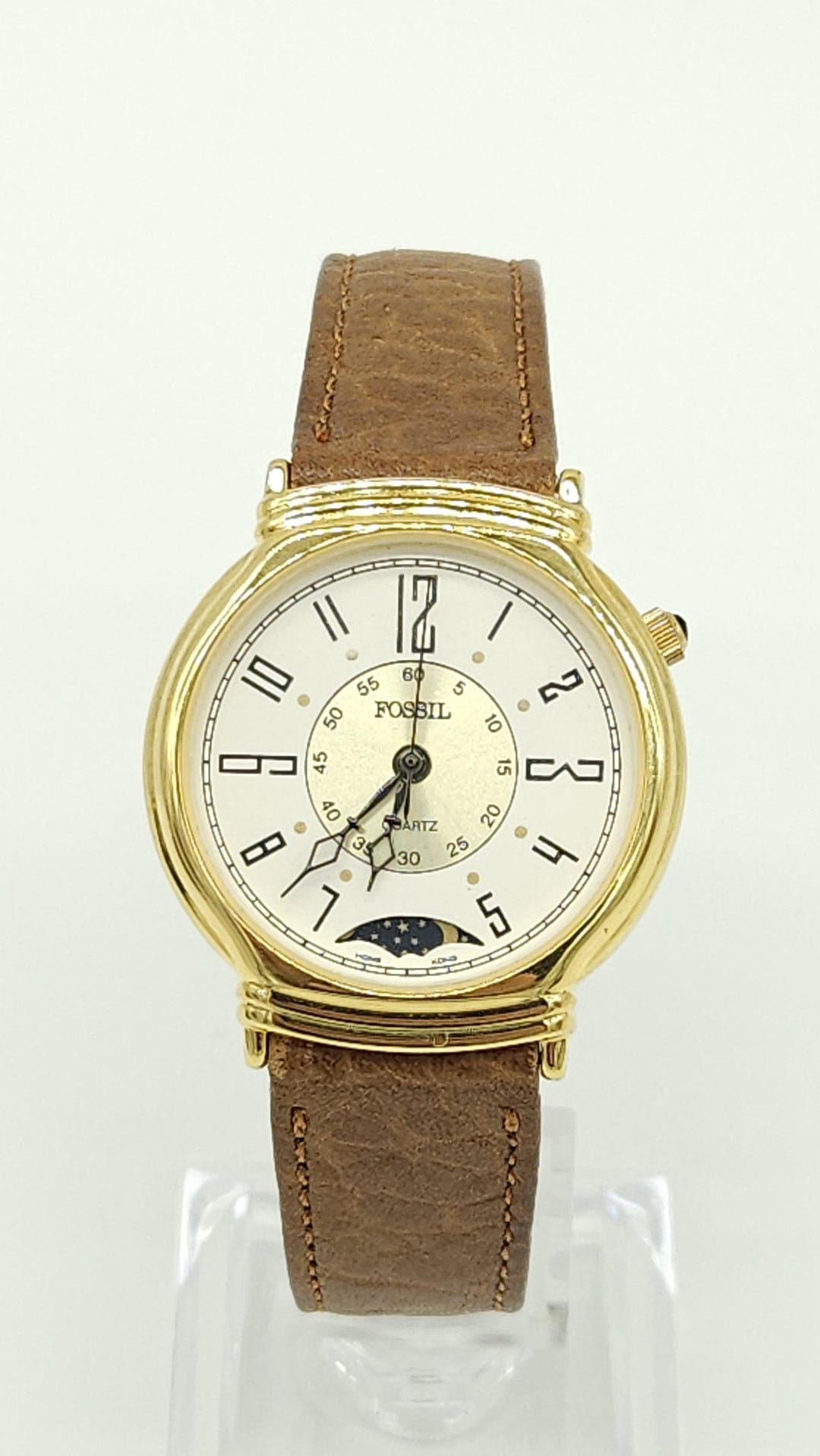 Vintage Fossil Collection Gold Tone Moon Phase Watch Original Brown ...