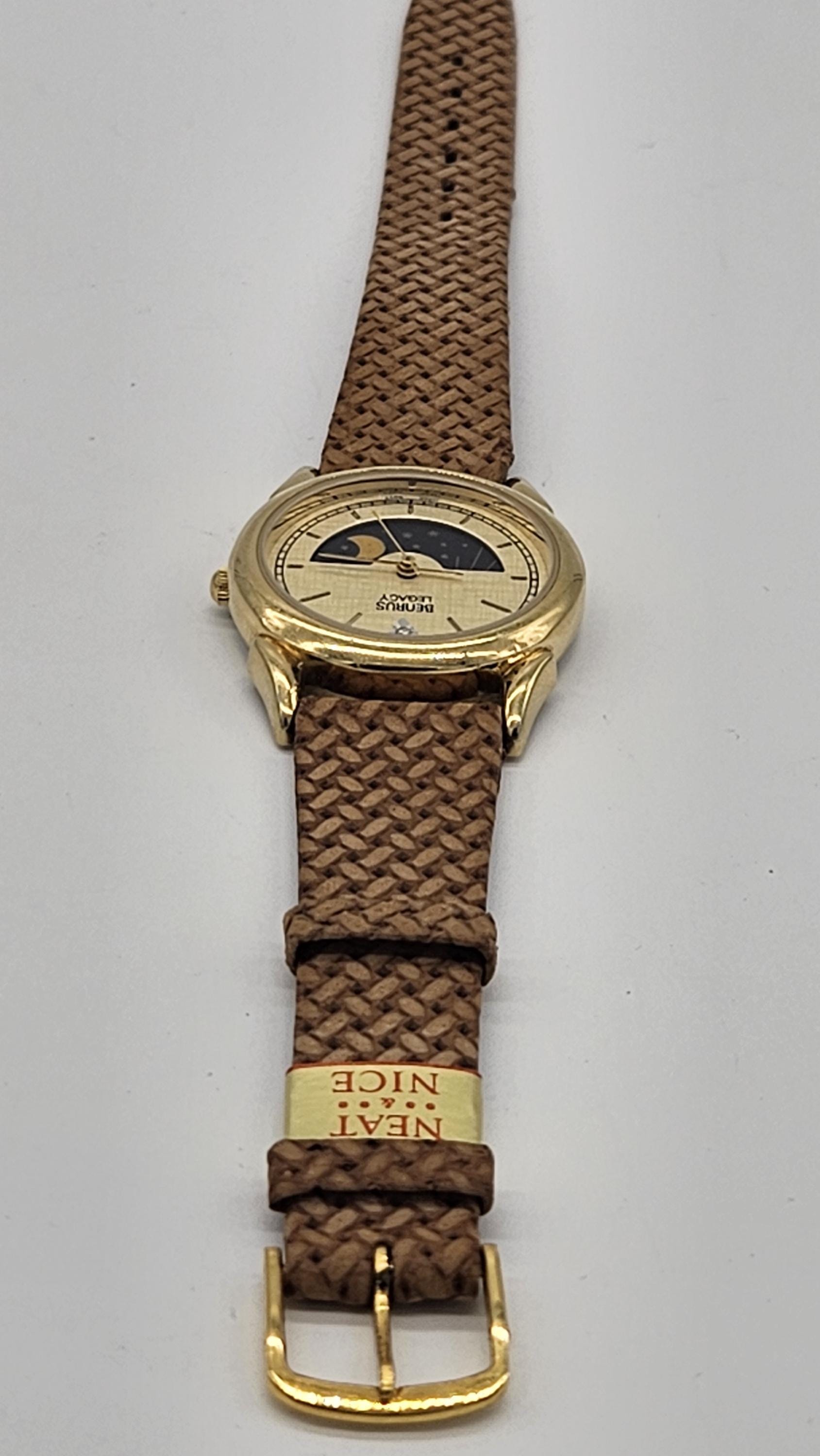 Vintage BENRUS Legacy Diamond Quartz Gold Tone Moon Phase Watch New ...