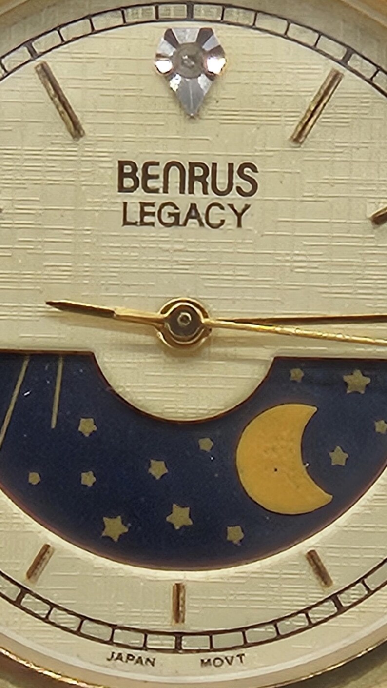 Vintage BENRUS Legacy Diamond Quartz Gold Tone Moon Phase Watch New ...