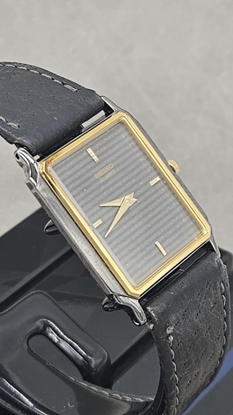 Vintage Seiko Thin Rectangle Tank Watch Rare Grey Dial Two Tone Case ...