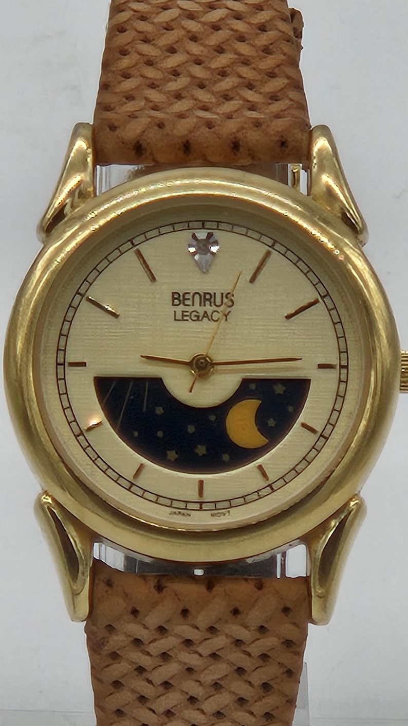 Vintage BENRUS Legacy Diamond Quartz Gold Tone Moon Phase Watch New ...