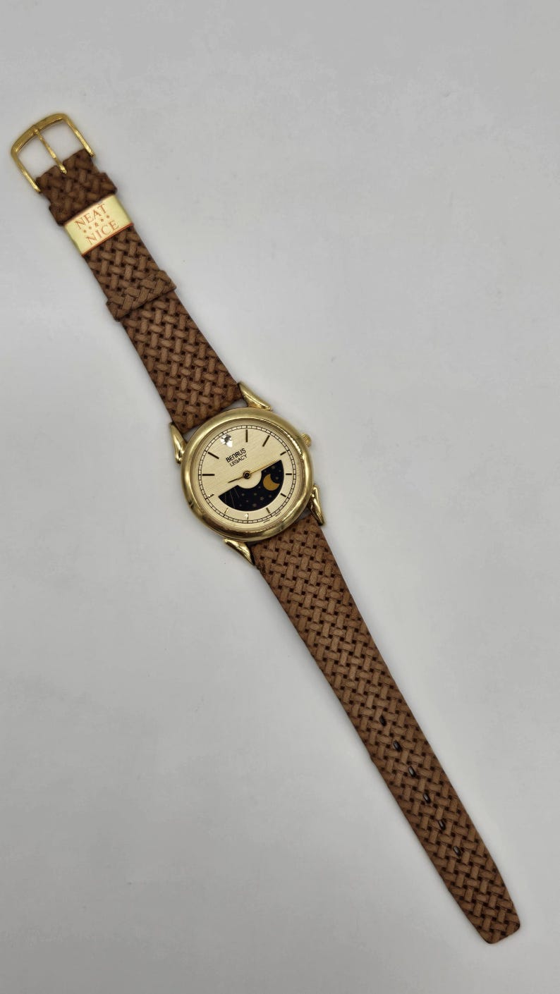 Vintage BENRUS Legacy Diamond Quartz Gold Tone Moon Phase Watch New ...