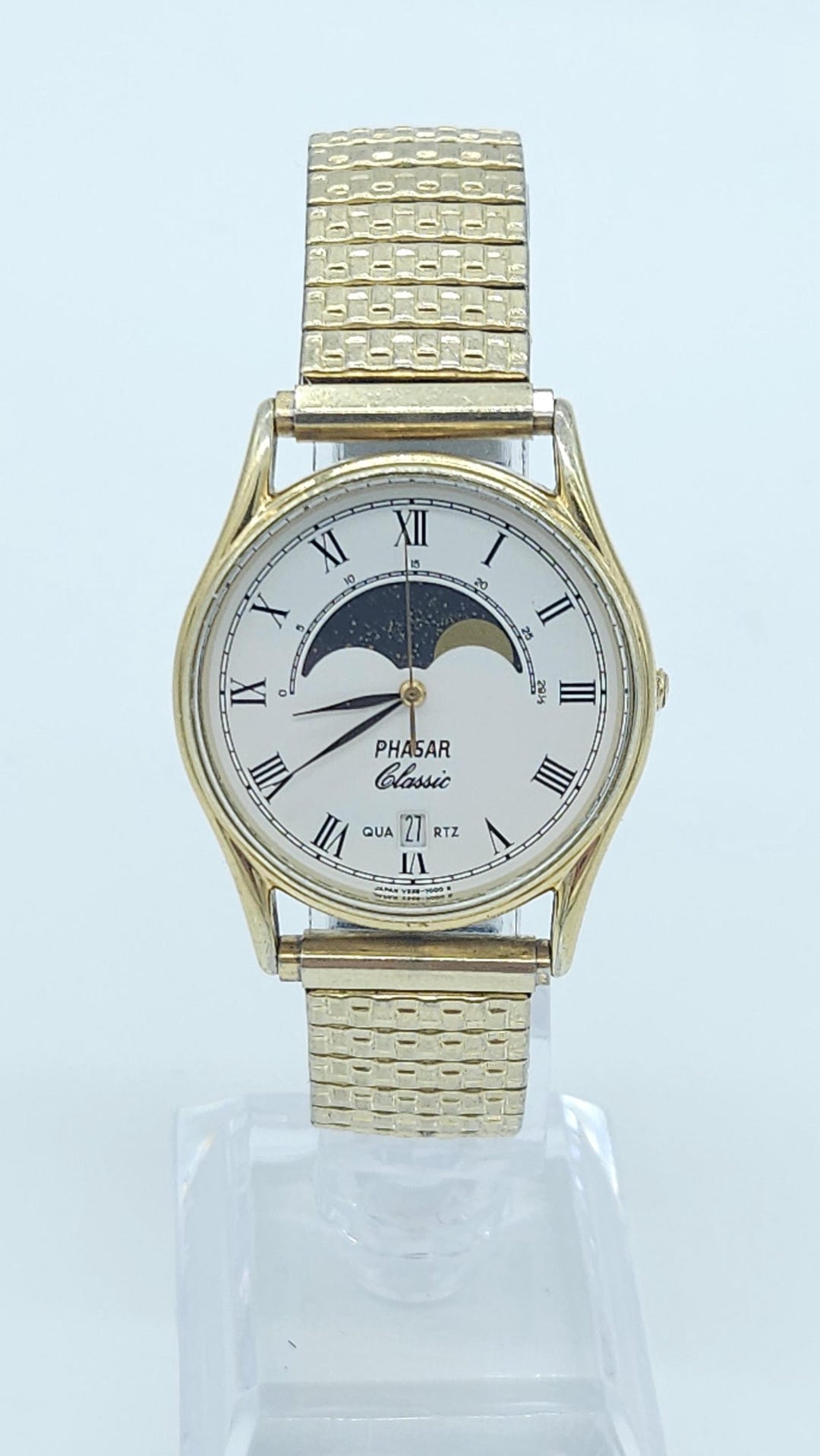 Vintage PHASAR Classic Moon Phase Watch White Dial Gold Tone Case ...