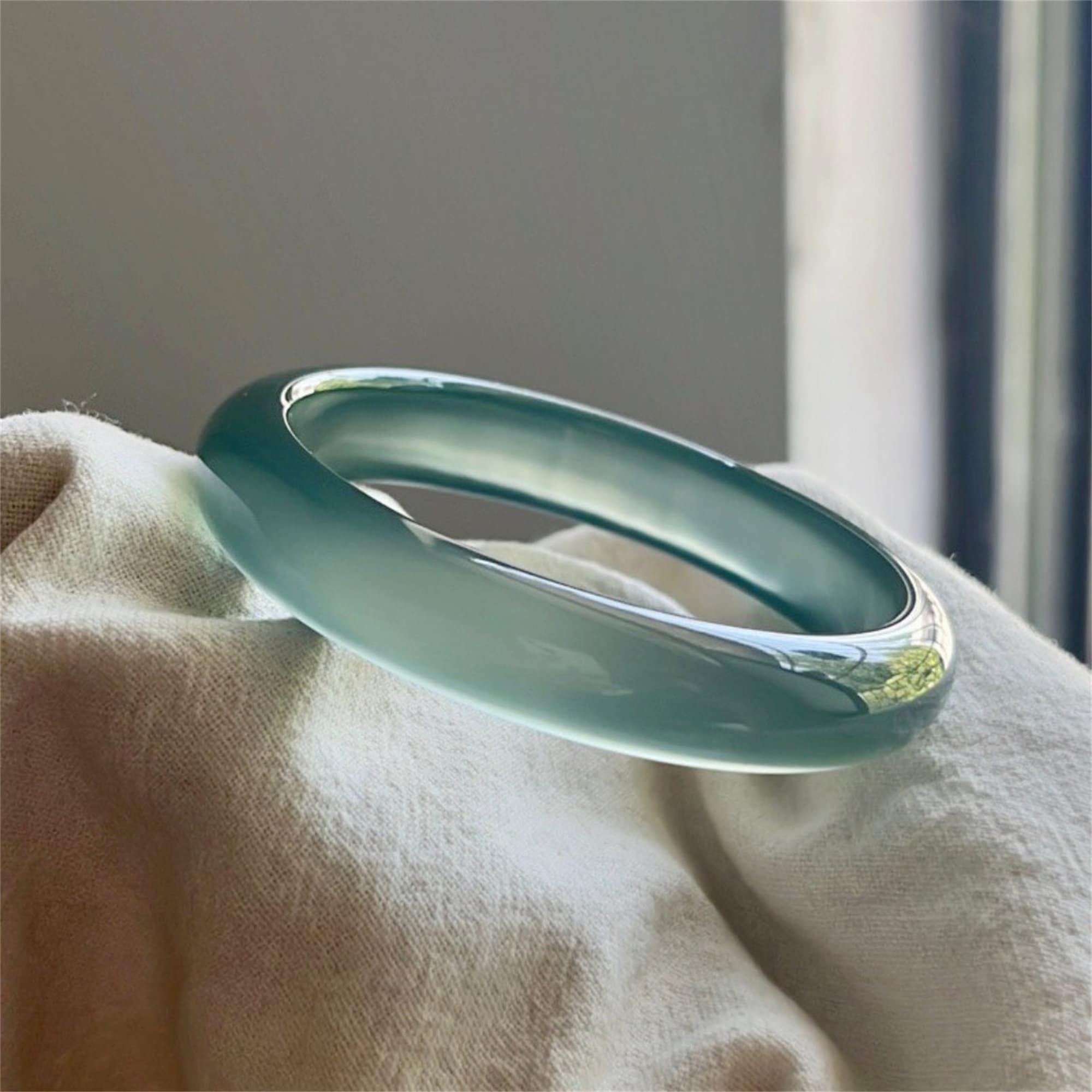 Blue Jade Bangle Custom Gray Bracelets Handmade Natural Green Agate ...