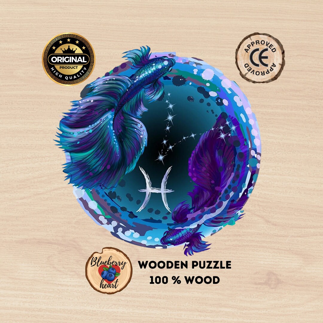 Pisces Zodiac Wooden Puzzle, Harmonious Dance of Celestial Fish Unique ...