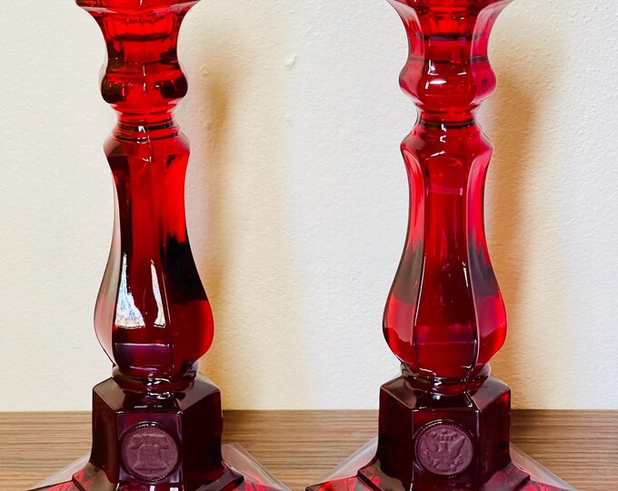 Vintage Fostoria Glass Ruby Red Candle Stick Holders | Red Tall Vintage ...
