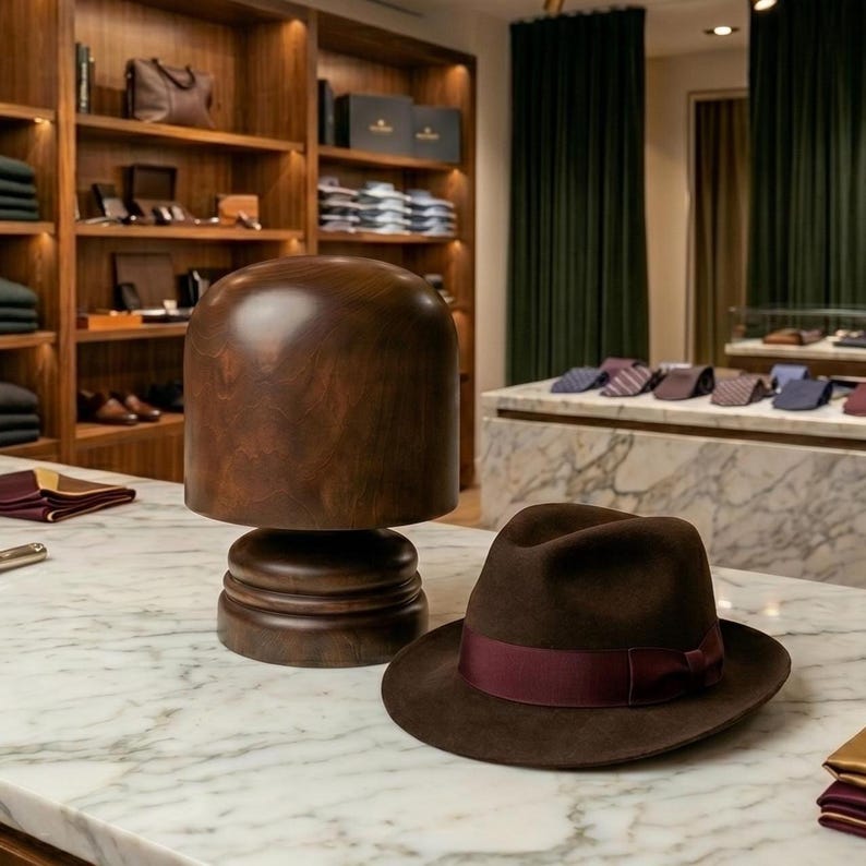 Hat Block Stand: Fedora & Wig Display, Wooden Home Decor - Etsy