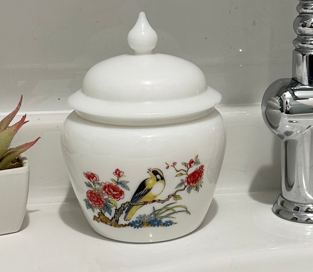 Vintage AVON White Milk Glass Ginger Jar and Lid, Goldfinch Bird and ...