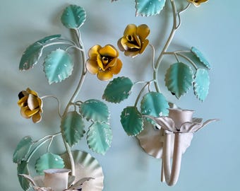 Large Vintage Italian Tole 3 Arm Wall Sconce Light With Porcelain Roses ...