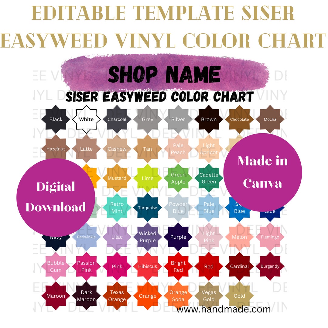 Editable Siser Easyweed Vinyl Color Chart Template - Etsy