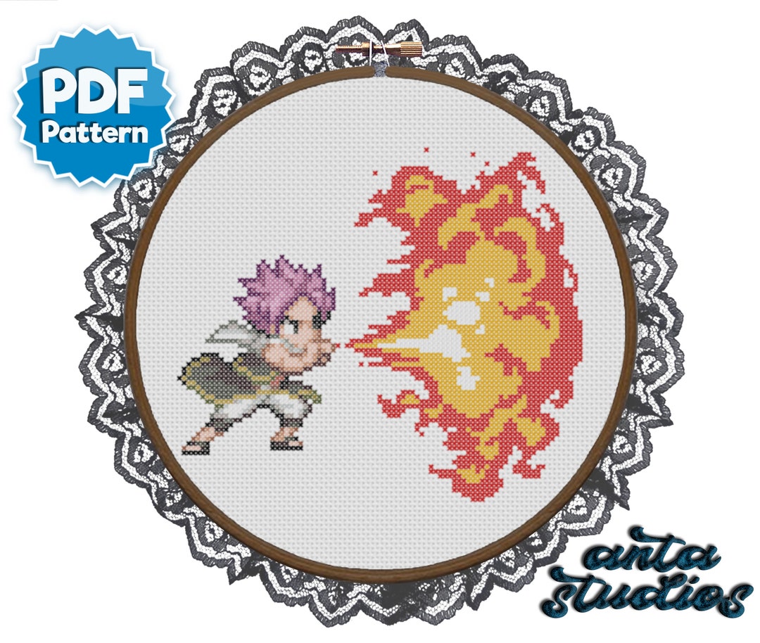 Fairy Tail Cross Stitch Pattern - Natsu Dragneel Anime - Natsu Fire ...
