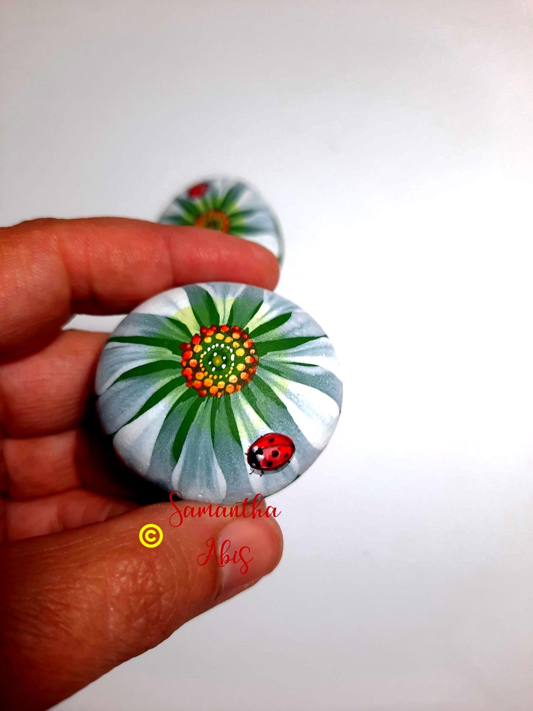 Mini Stone Paperweight Painted With Gerbera and Ladybug - Etsy
