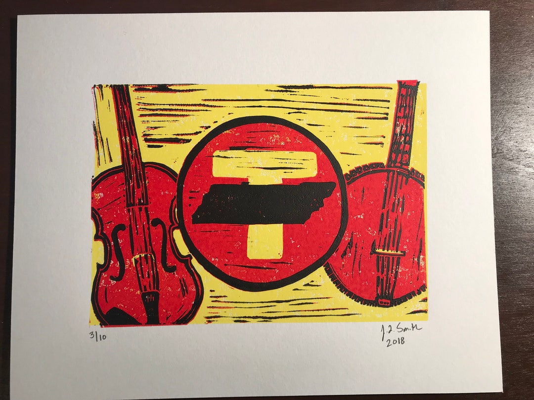 Tennessee Old Time Music- Banjo and Fiddle- Linocut by Josh Smith - Etsy