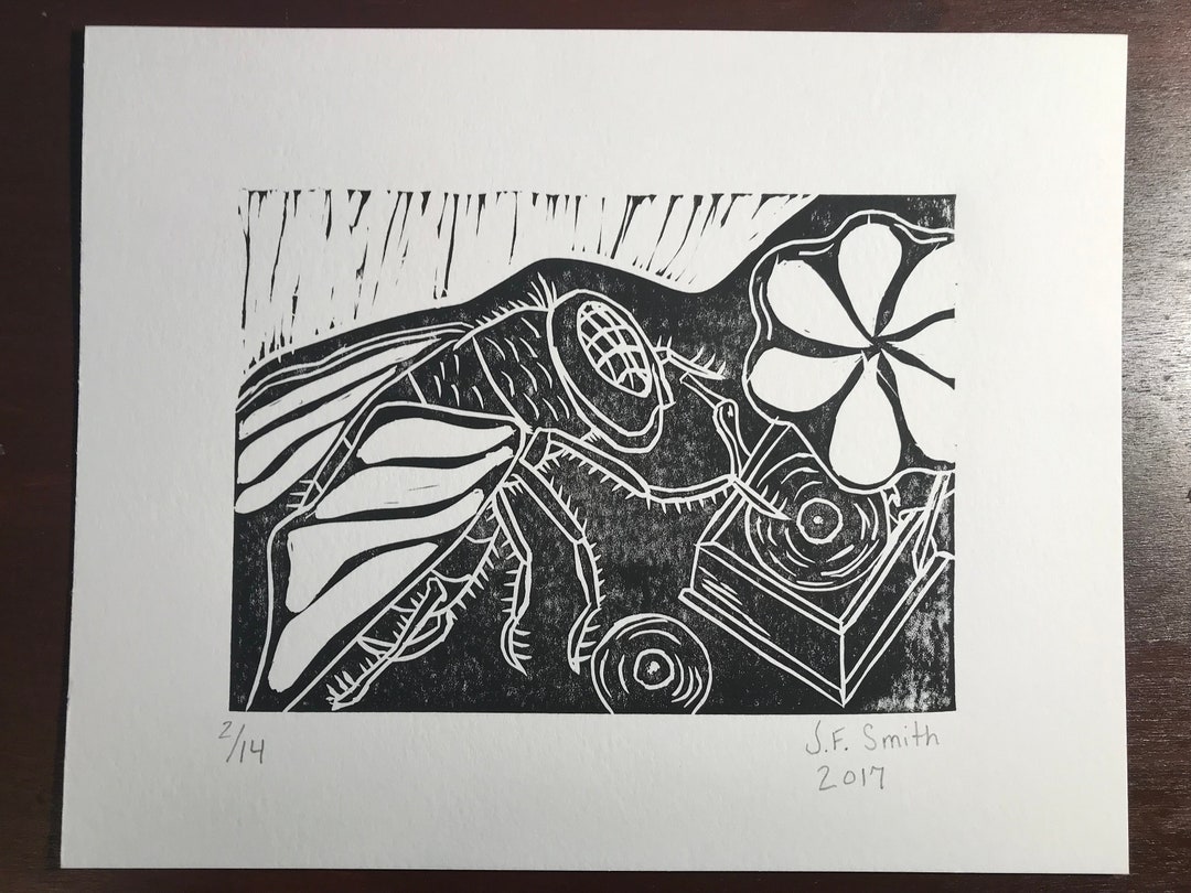 Fly With Phonograph Linocut Print by Josh Smith - Etsy