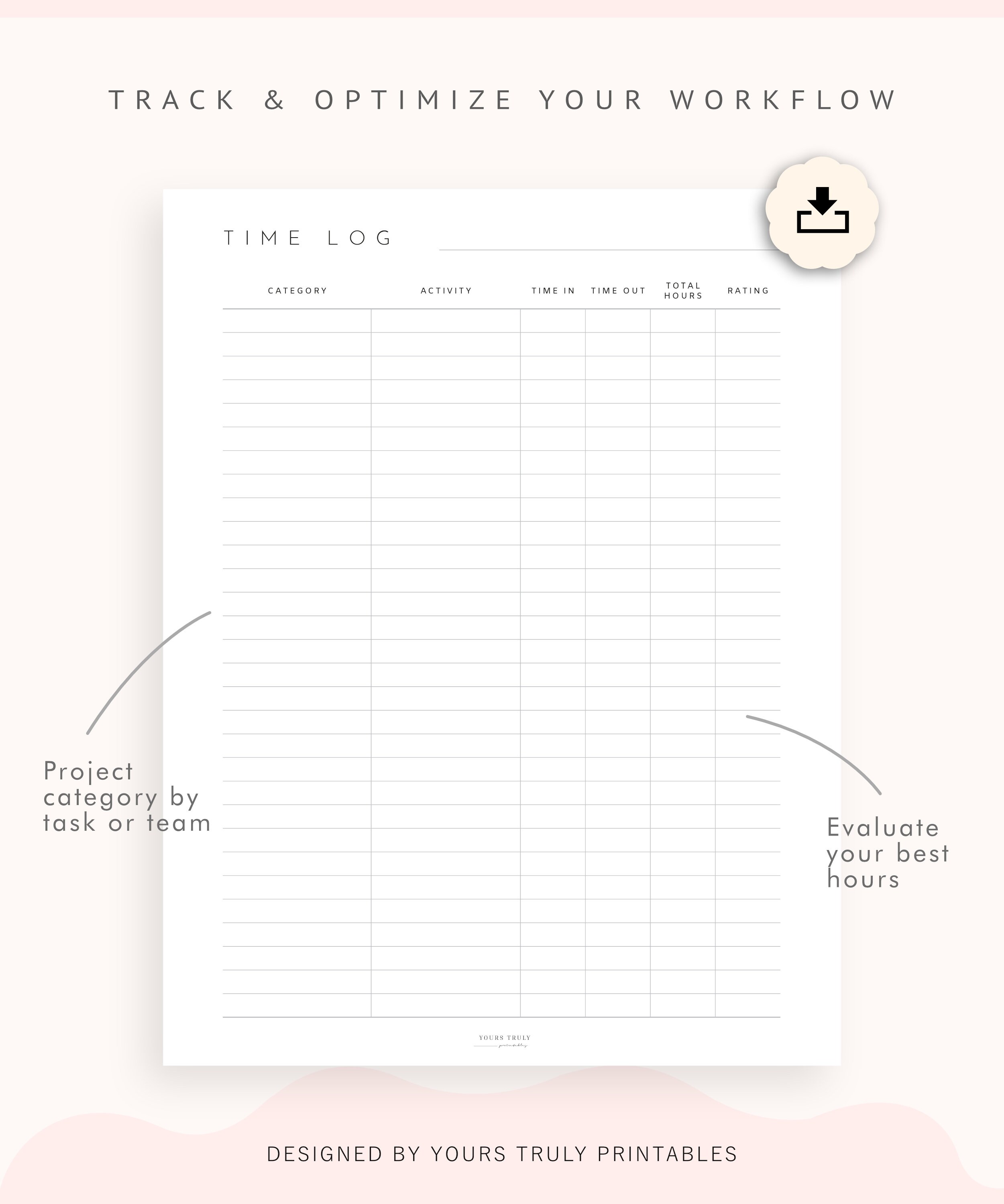 Timesheet Printable Template Daily Time Log Working Hours | Etsy