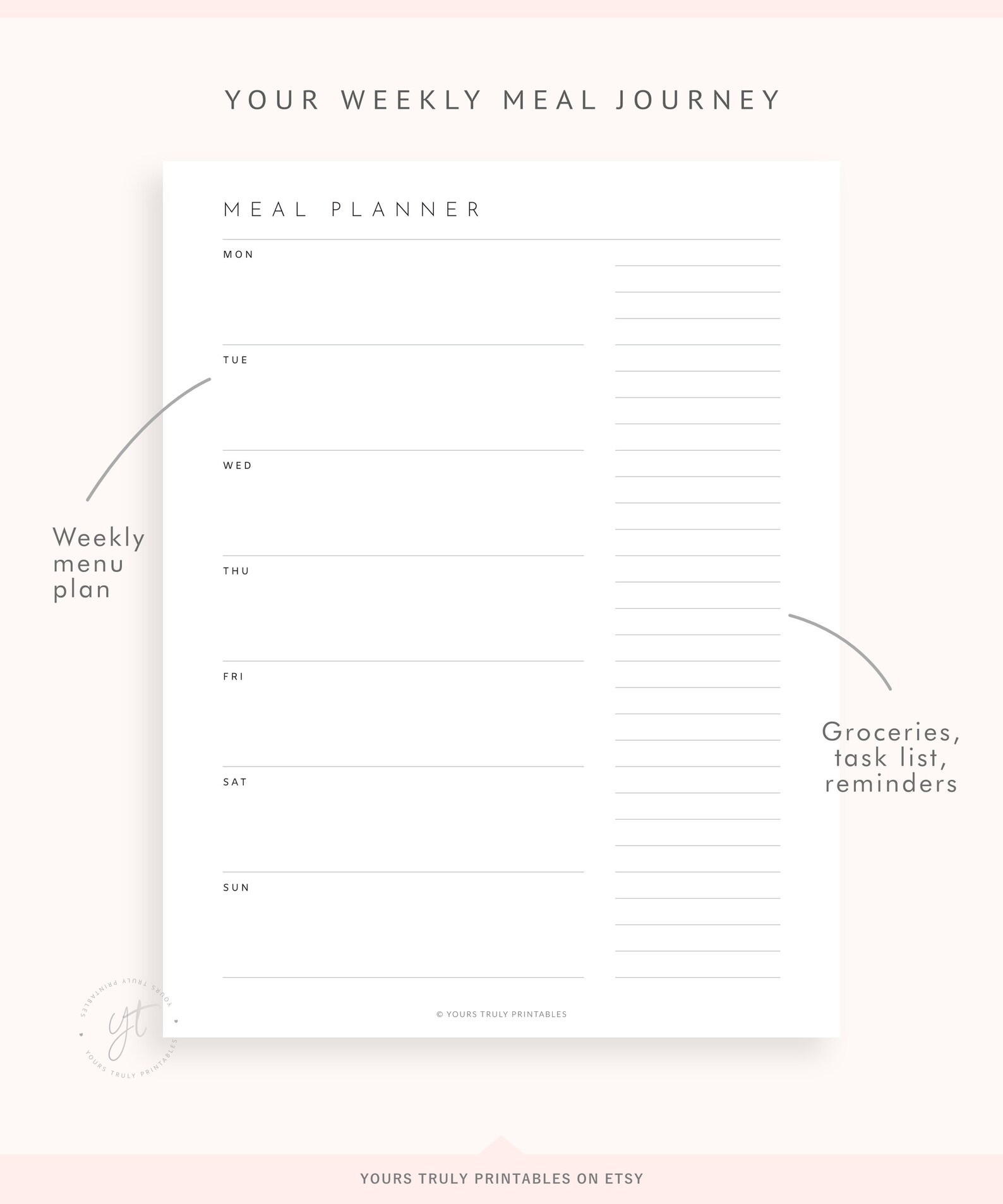 Weekly Meal Planner and Grocery Shopping List Printable Menu - Etsy