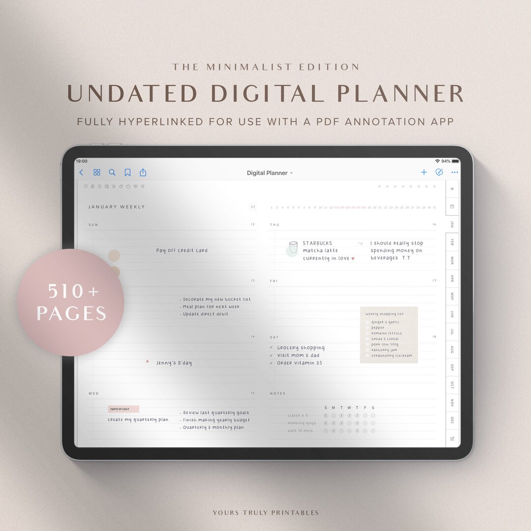 Undated Digital Life Planner Goodnotes, Minimal Notability Lined Weekly ...