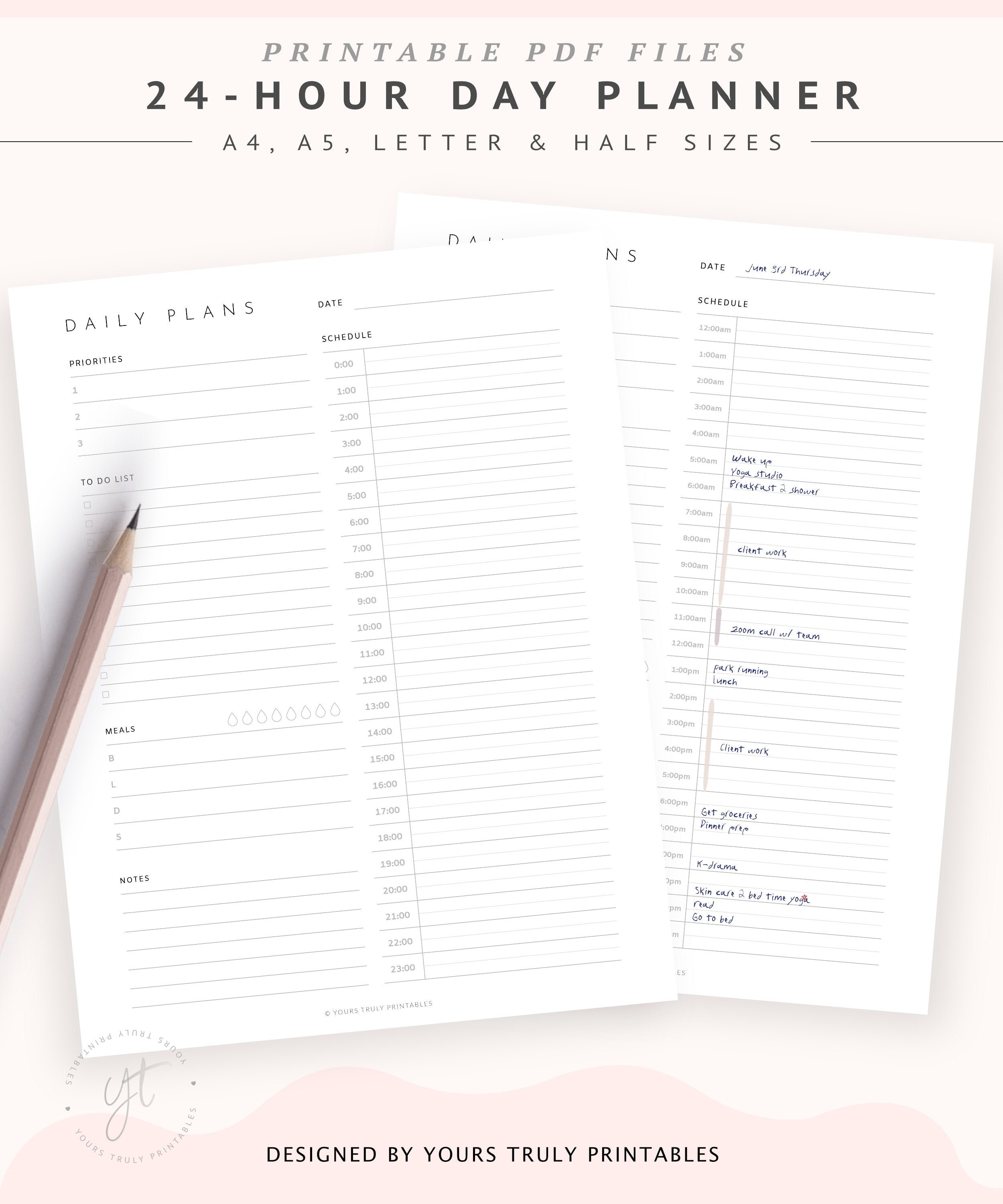 24 Hour Daily Planner Printable Half Hourly Day to Do List | Etsy