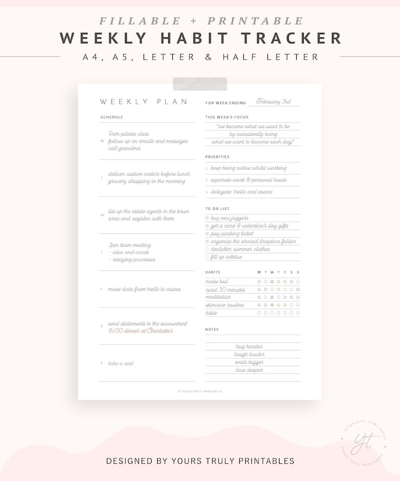 Weekly Planner With Habit Tracker Printable Fillable Weekly - Etsy