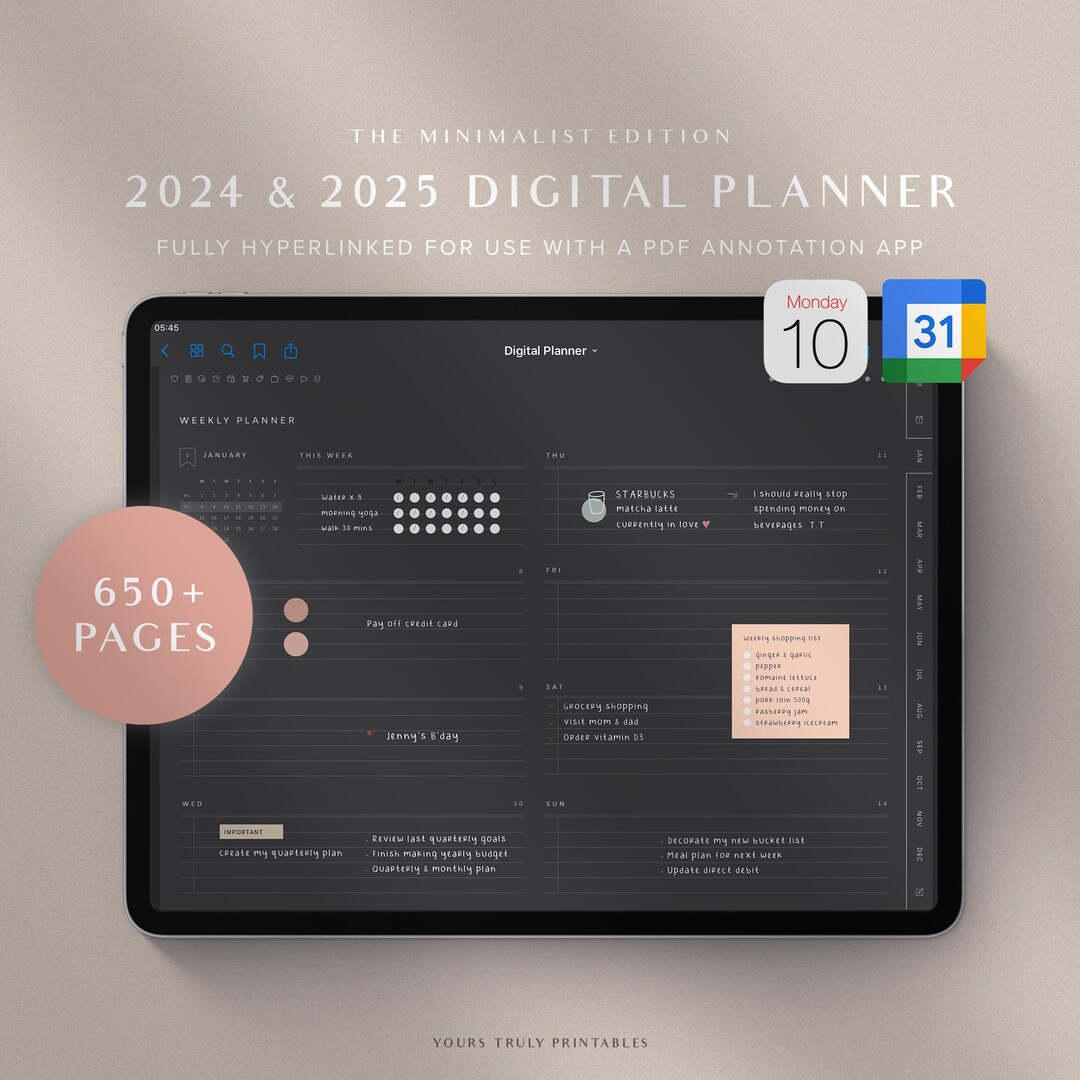 2024 & 2025 Digital Planner Dark Mode Goodnotes Planner Lined Weekly ...