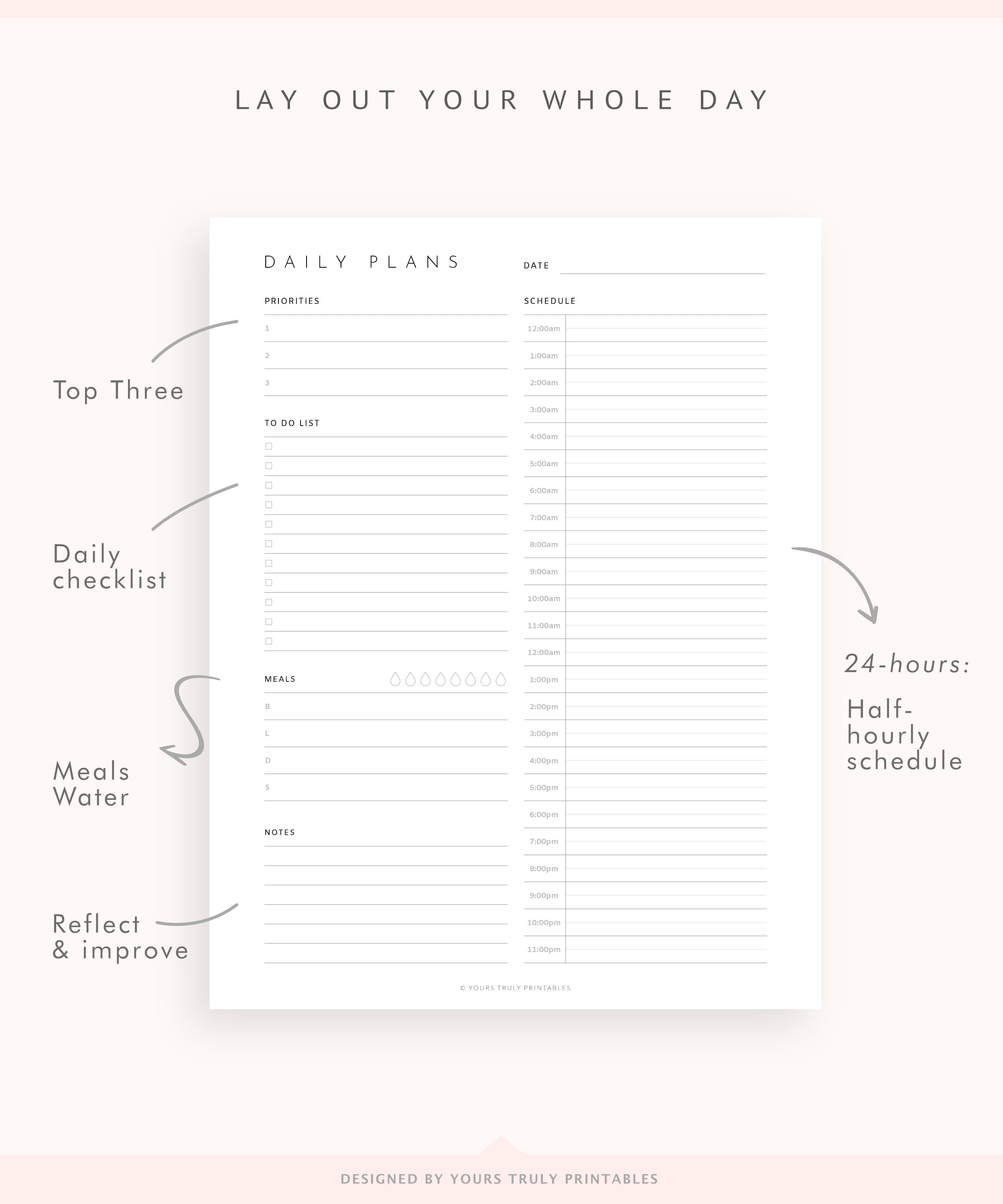 24 Hour Daily Planner Printable, Half Hourly Day to Do List PDF ...