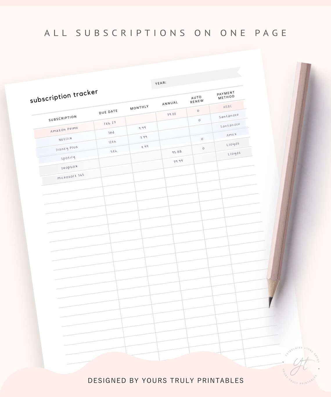 Subscription Tracker Printable Monthly Expense Tracker - Etsy