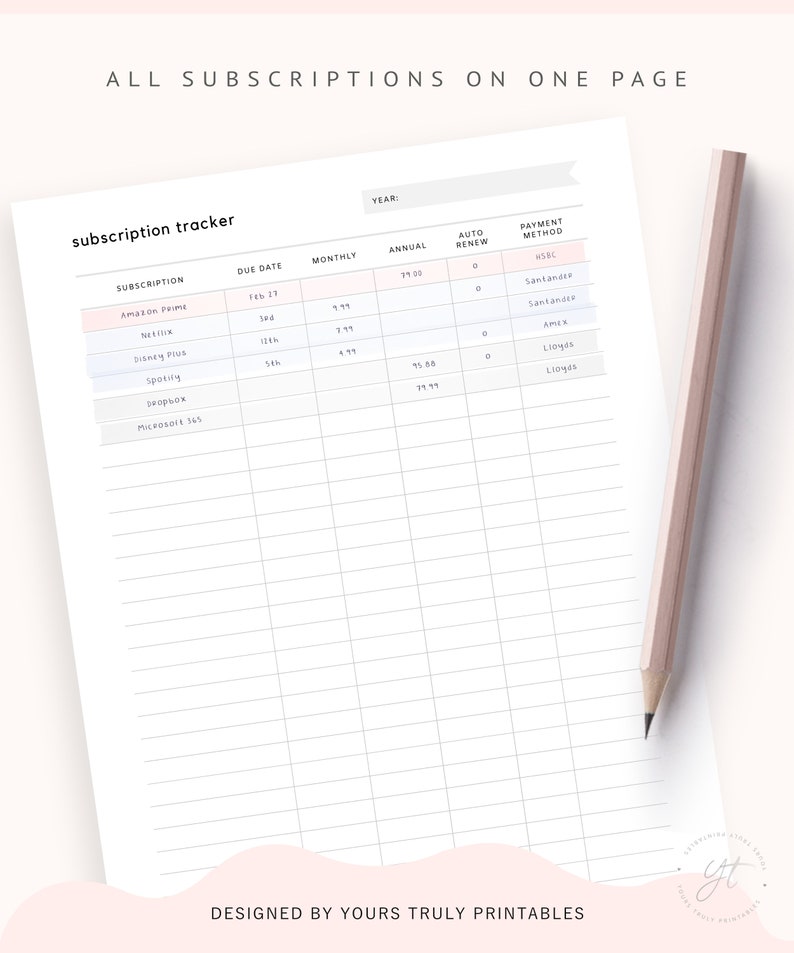 Subscription Tracker Printable – Monthly Expense Tracker, Yearly ...