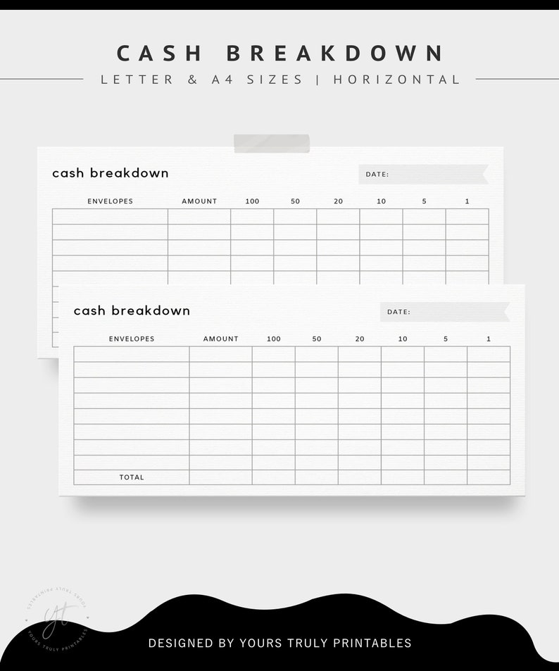 Printable Cash Breakdown Sheet, Cash Withdrawal Card, Bank Teller Slips ...