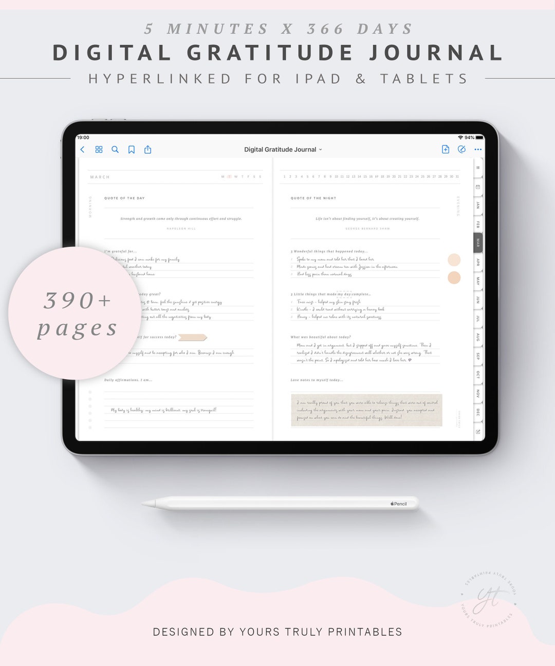 Gratitude Journal Digital Template With Prompts 5 Minute Journal Daily ...