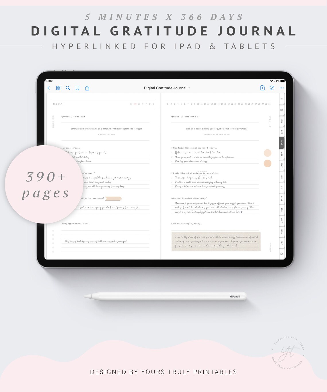 Gratitude Journal Digital Template with Prompts 5 Minute | Etsy