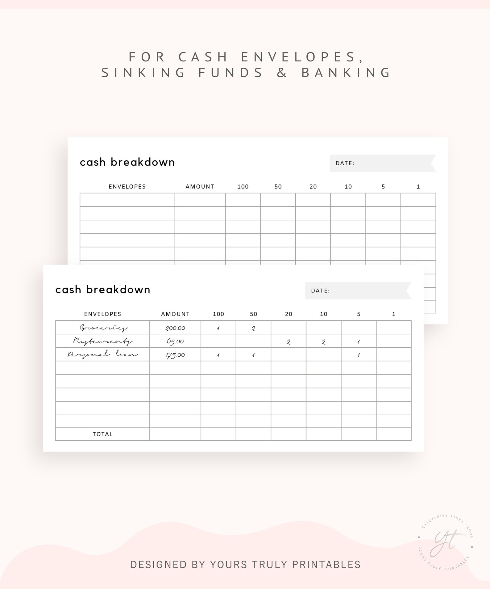 Printable Cash Breakdown Sheet, Cash Withdrawal Card, Bank Teller Slips ...