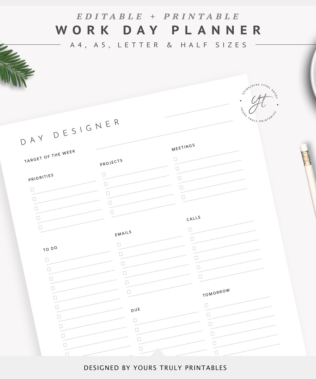 Editable Daily Work Planner Printable, Fillable Work Day Planner ...