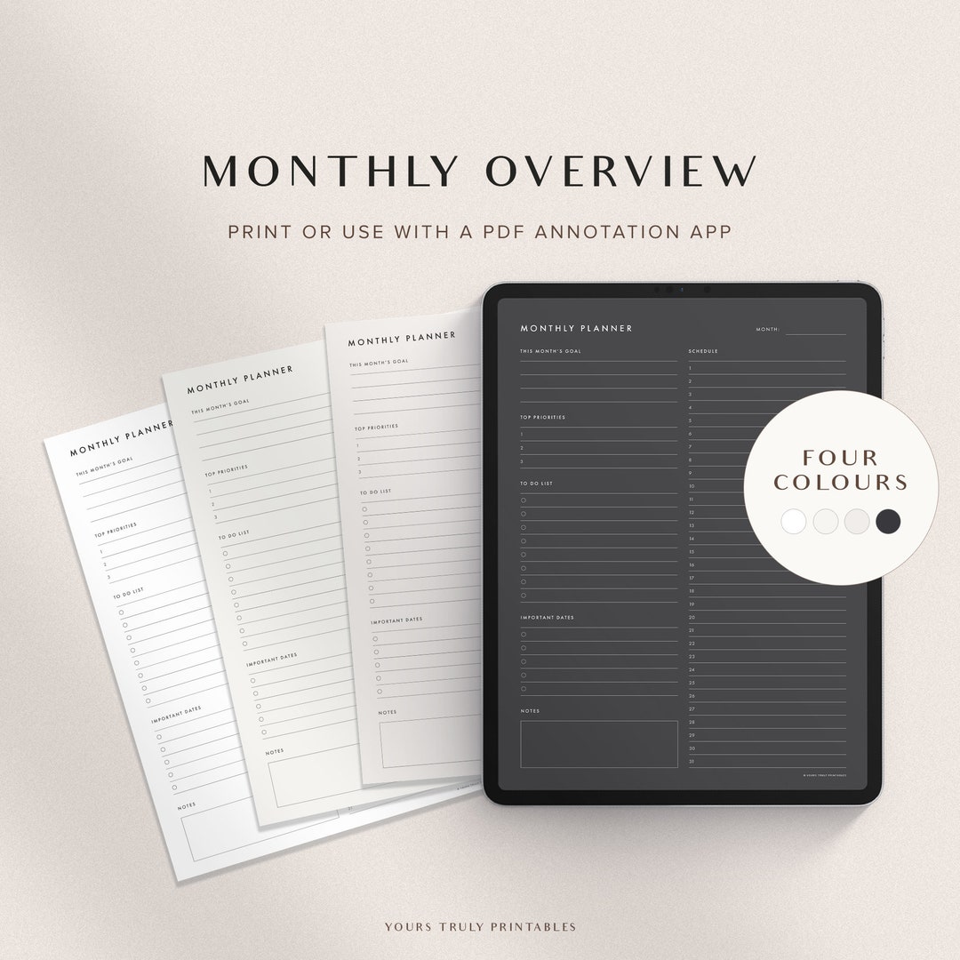 Digital Monthly Overview, Printable Month at a Glance, Goodnotes ...