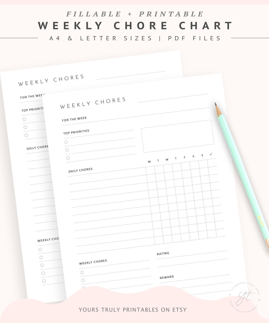 Printable Chore Chart for Kids, Fillable Weekly Cleaning Checklist PDF ...