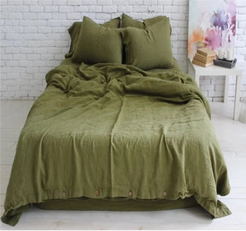 Olive Green Duvet Cover Stonewashed Soft Organic Linen Duvet Cover Two ...