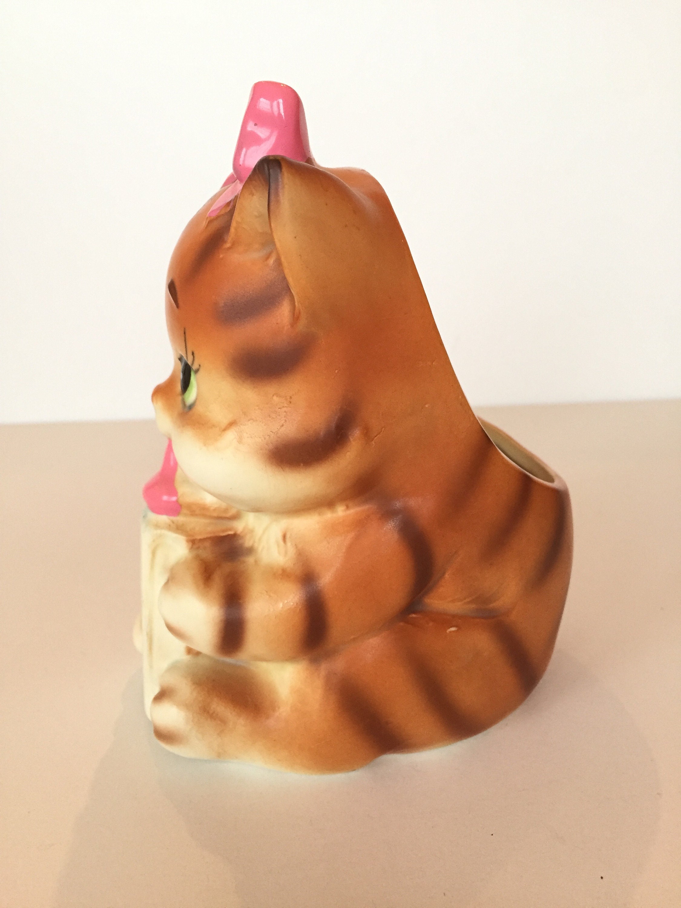 Vintage Lefton orange tabby cat drinking milk from baby bottle Pink bow ...