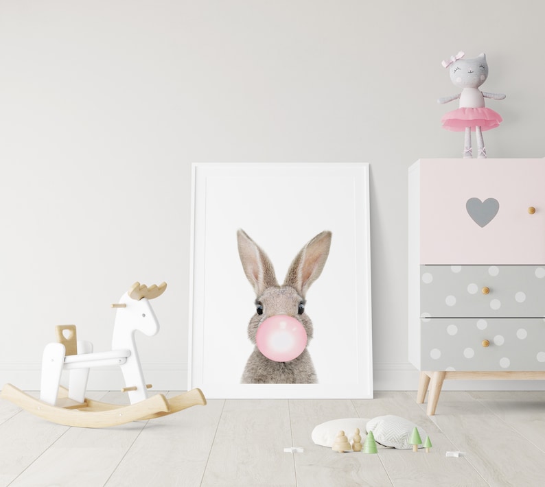 Pink BUBBLE GUM RABBIT , Bunny With Bubble Gum, Animal Wall Art ...