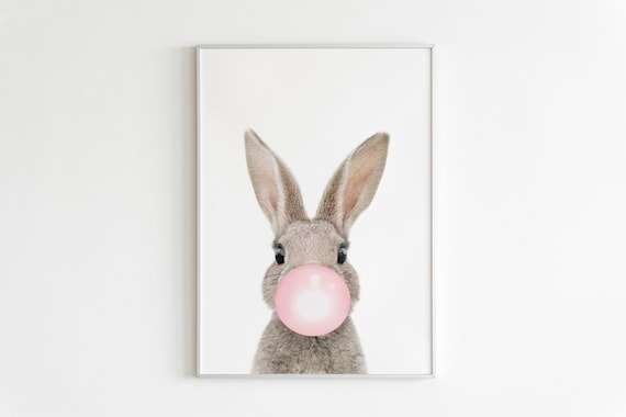 Pink BUBBLE GUM RABBIT Bunny With Bubble Gum Animal Wall | Etsy