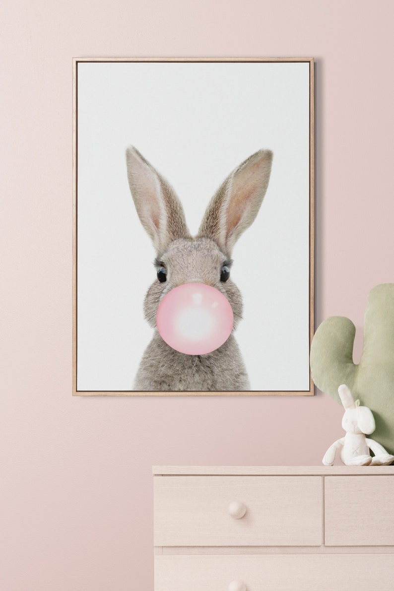 Pink BUBBLE GUM RABBIT , Bunny With Bubble Gum, Animal Wall Art ...