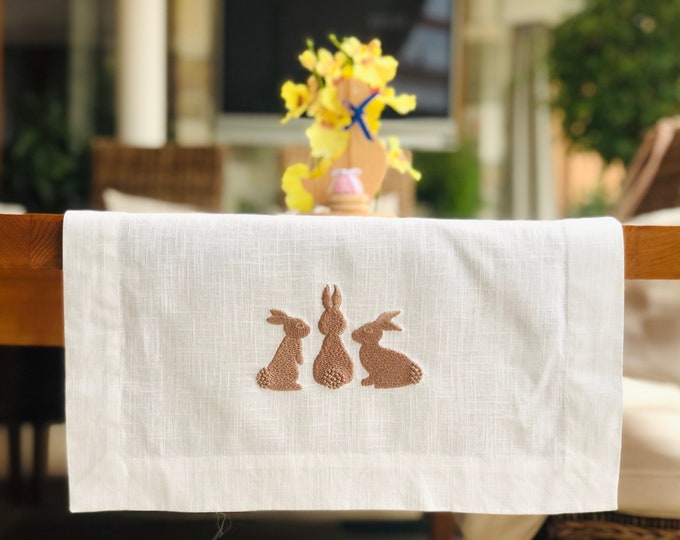 Embroidered Easter Bunny Trio Table Runner White Linen Fabric - Etsy