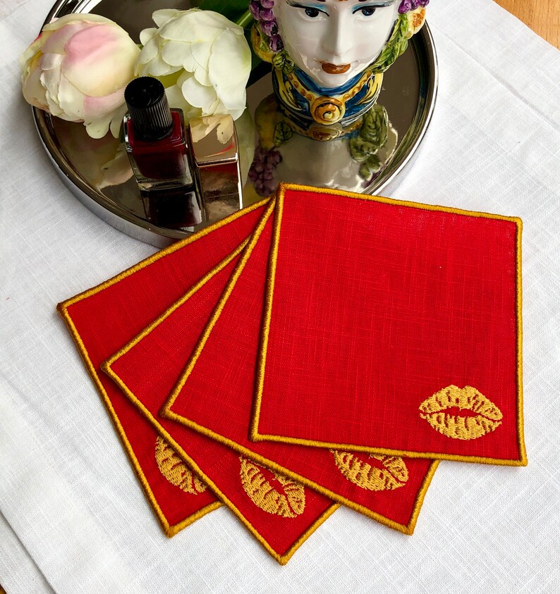 Embroidered Red Lips Linen Cocktail Napkins - Set of 4 - Etsy