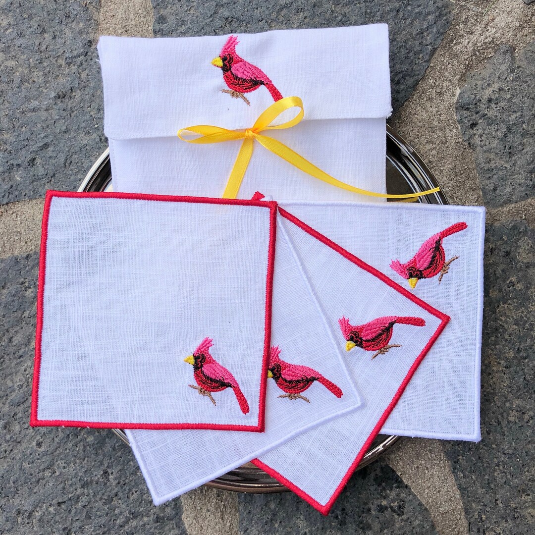 Embroidered Cardinal Cocktail Napkins, Bird Coasters, Bird Lover Gift ...